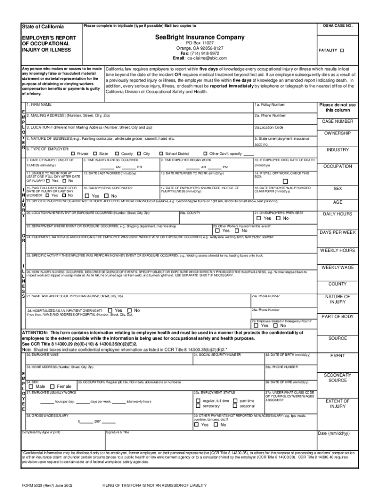 Fillable Online ICW Group California Work Comp First Notice Injury Form ...