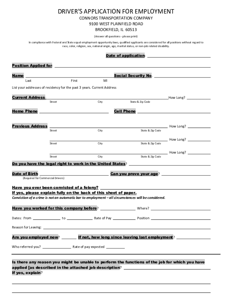 Fillable Online DRIVER'S APPLIVA'l1lON FOR EMPLOYMENT Fax Email Print - pdfFiller
