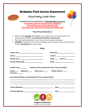 Fillable Online Bridgeton Food Services Department Pizza Party Order ...