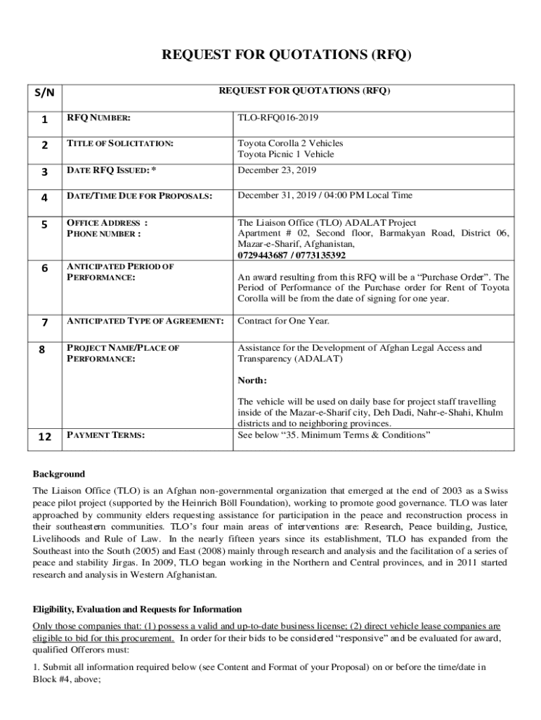 Fillable Online REQUEST FOR QUOTATIONS (RFQ) - Kabul Fax Email Print - pdfFiller