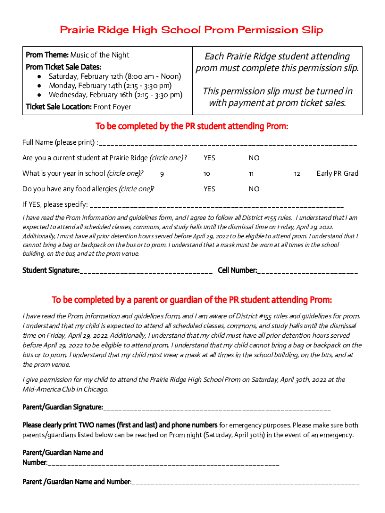 Fillable Online Prairie Ridge High School Prom Permission Slip Each ...
