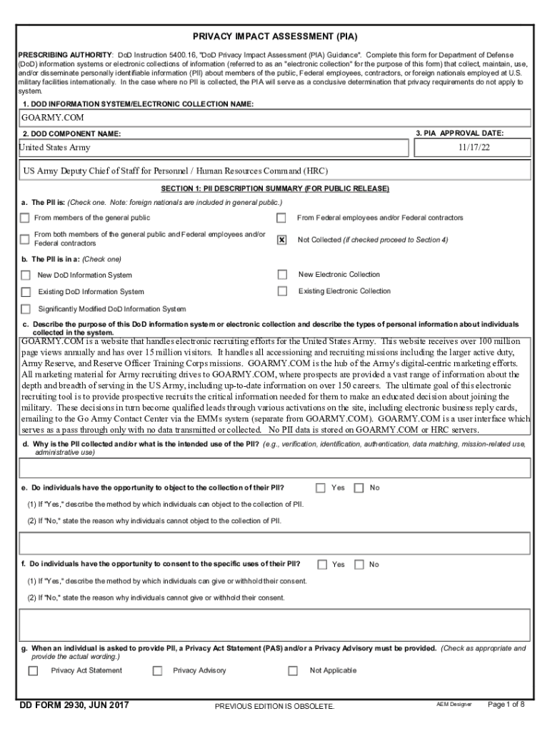 Fillable Online PIA (DD Form 2930) Fax Email Print - pdfFiller