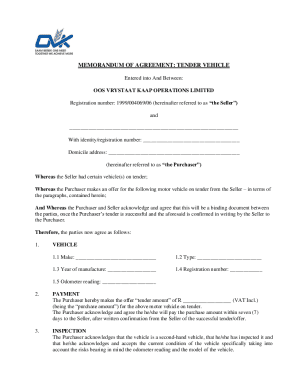 Fillable Online MEMORANDUM OF AGREEMENT: TENDER FOR VEHICLE Fax Email ...