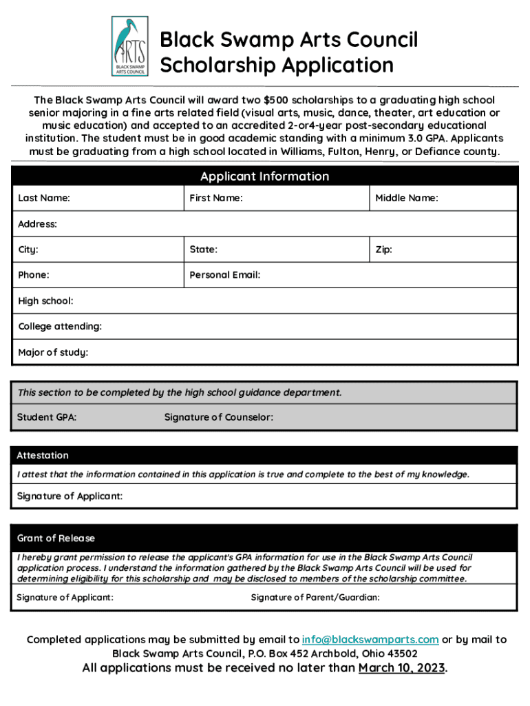 Fillable Online We are awarding scholarships... - Black Swamp Arts Council Fax Email Print ...