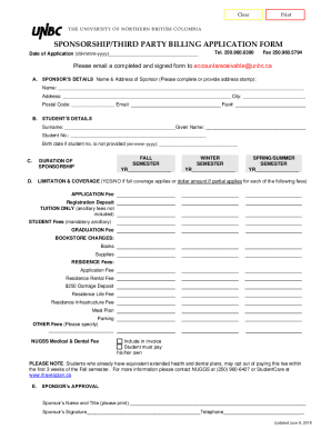 Fillable Online SPONSORSHIP/THIRD PARTY BILLING APPLICATION FORM Fax ...
