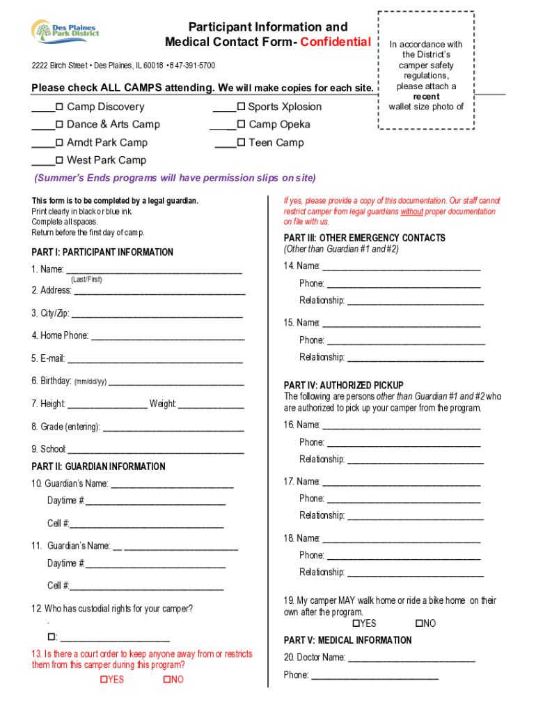Fillable Online Participant Information and Medical Contact Form Fax ...