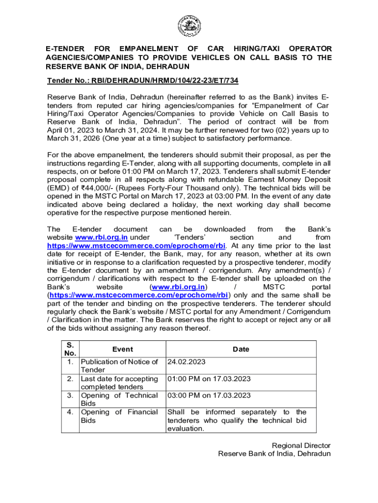 Fillable Online e-tender for empanelment of car hiring/taxi operator - rbi.org.in Fax Email ...