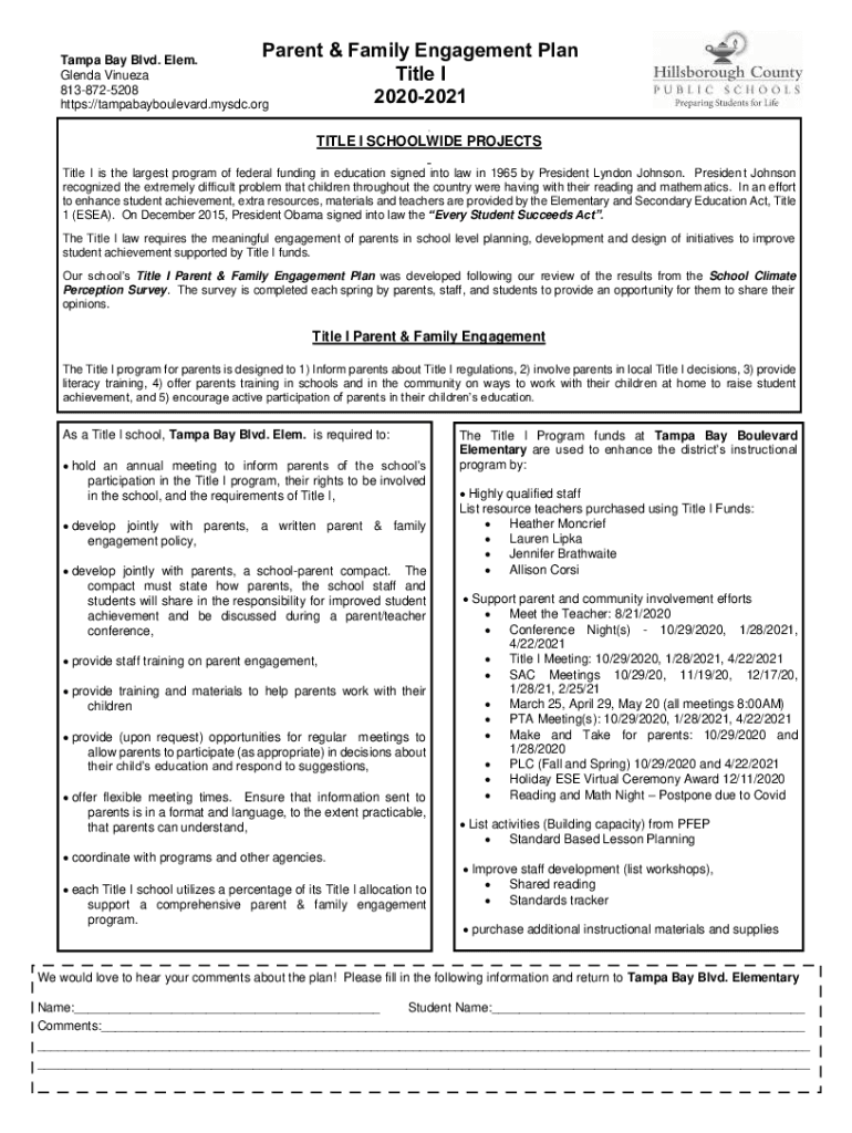 Fillable Online Parent & Family Engagement Plan Title I 2020-2021 Fax ...