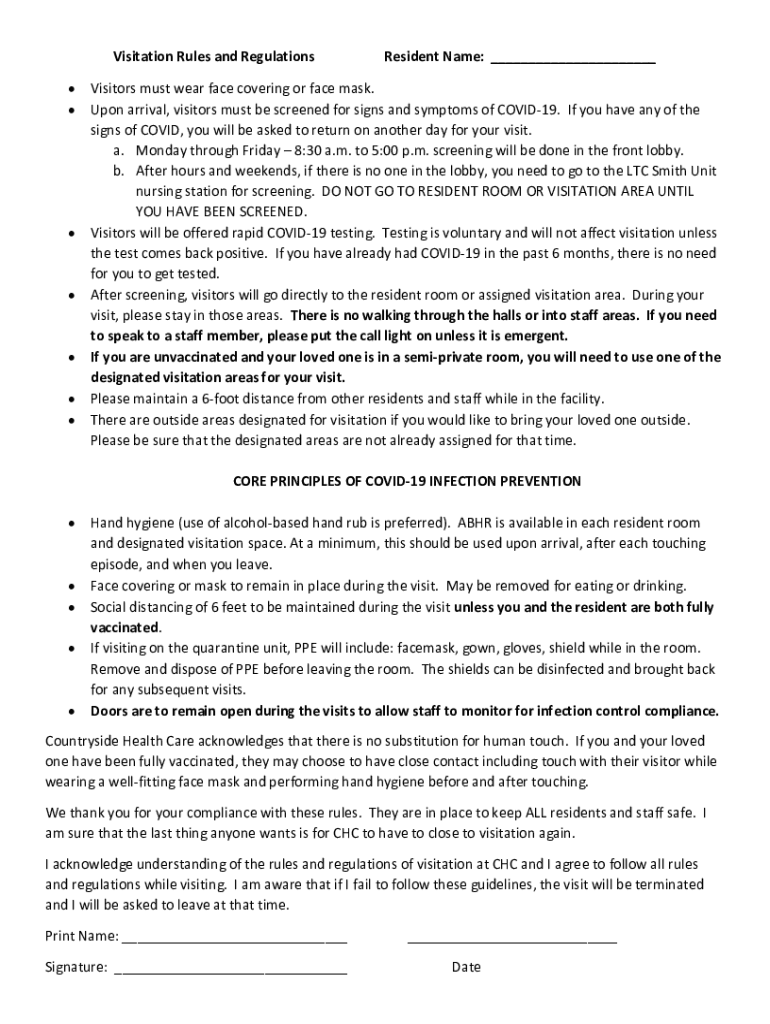 Fillable Online Visitation Rules and Regulations Resident Name:Visitors ...
