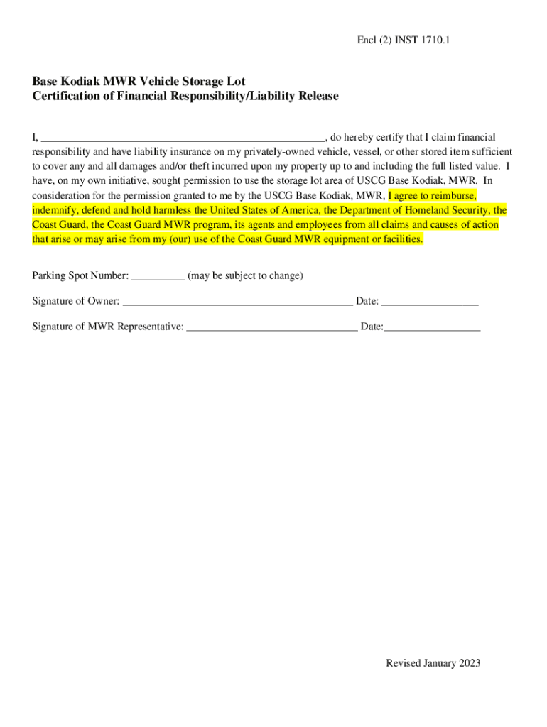Fillable Online Base Kodiak MWR Vehicle Storage Lot Certification of ...