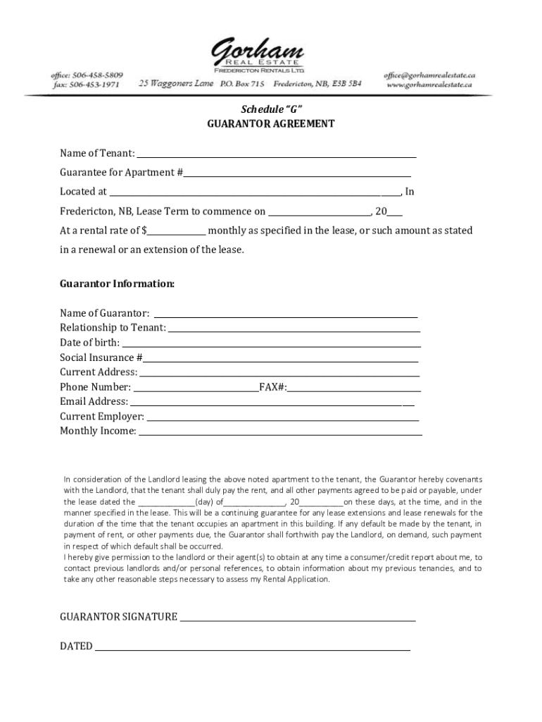 Fillable Online Schedule G GUARANTOR AGREEMENT Name of Tenant Fax Email ...