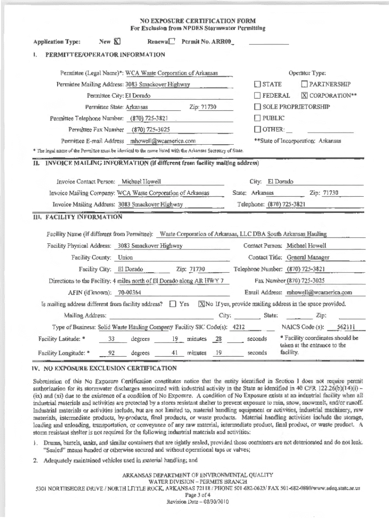 Fillable Online NO EXPOSURE CERTIFICATION for Exclusion from Storm ...