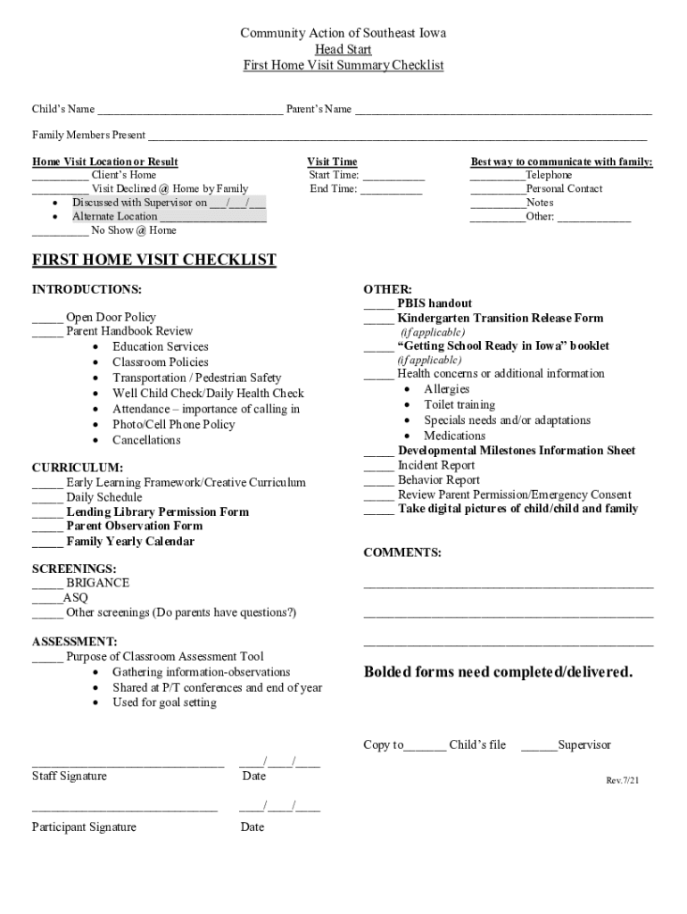 Fillable Online First Home Visit Summary Checklist Fax Email Print ...