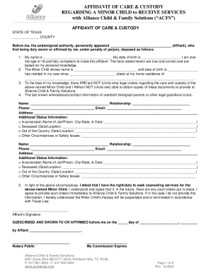 Fillable Online AFFIDAVIT OF CARE & CUSTODY REGARDING A MINOR CHILD ...