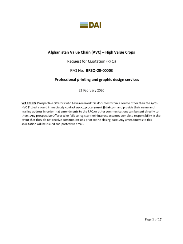 Fillable Online High Value Crops Re For Quotation RFQ No BREQ