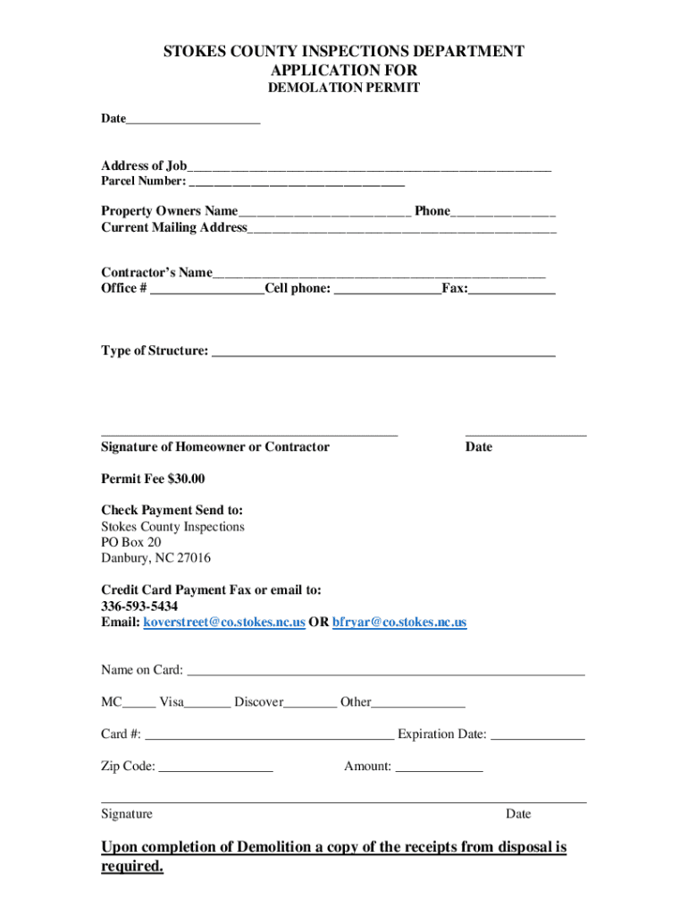 Fillable Online stokes county inspections department application for ...