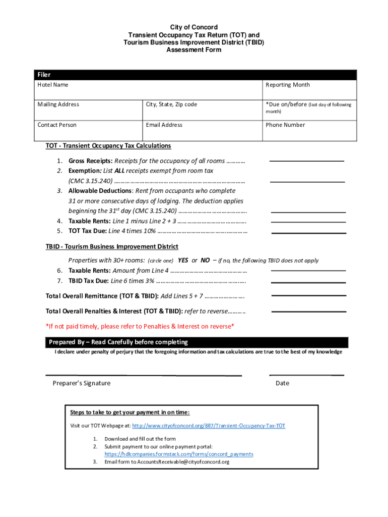 Fillable Online Filer TOT - Transient Occupancy Tax Calculations 1 ...