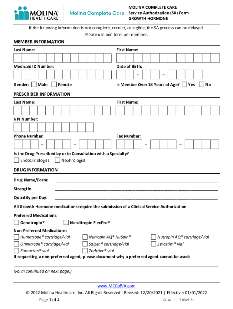 Fillable Online MOLINA COMPLETE CARE Service Authorization (SA) ... Fax ...