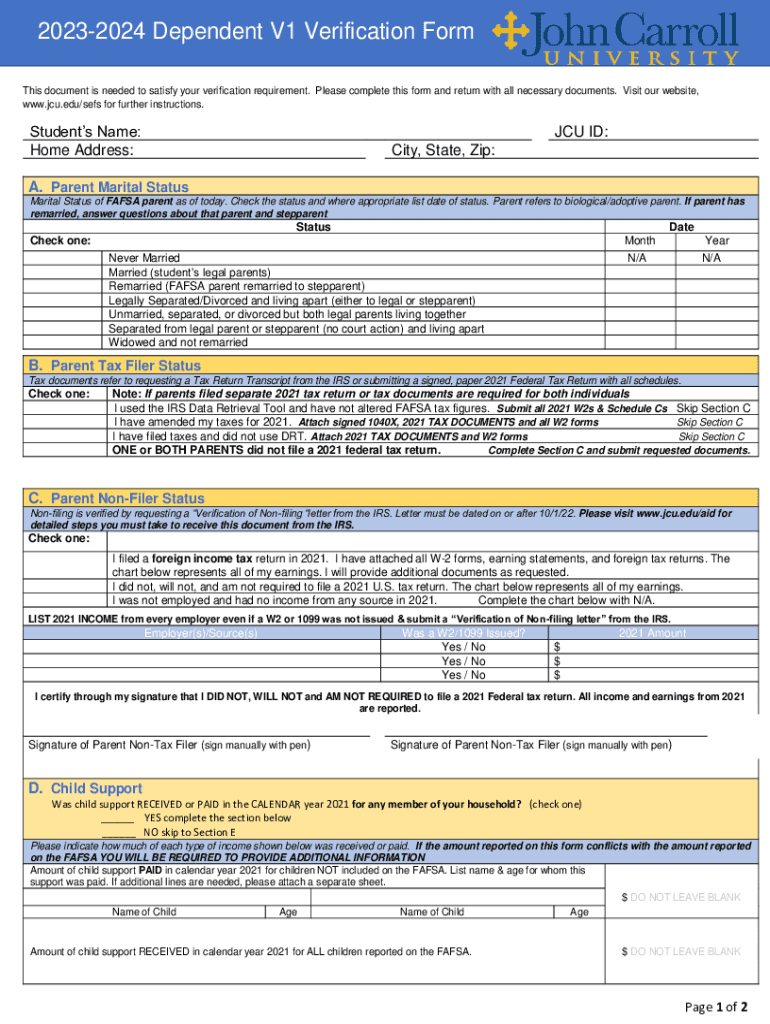 Fillable Online Dependent Verification Worksheet (V1) 2023-2024 Call 1- ... Fax Email Print ...
