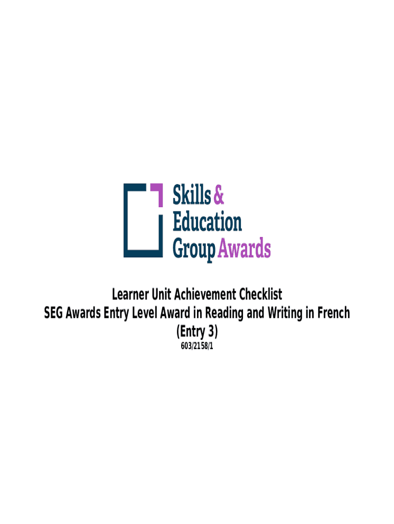 SEG Awards Entry Level Award in Reading and Writing in French (Entry 3 ...