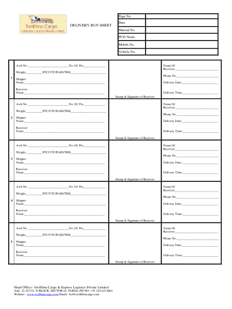 Fillable Online DELIVERY RUN SHEET Fax Email Print - pdfFiller