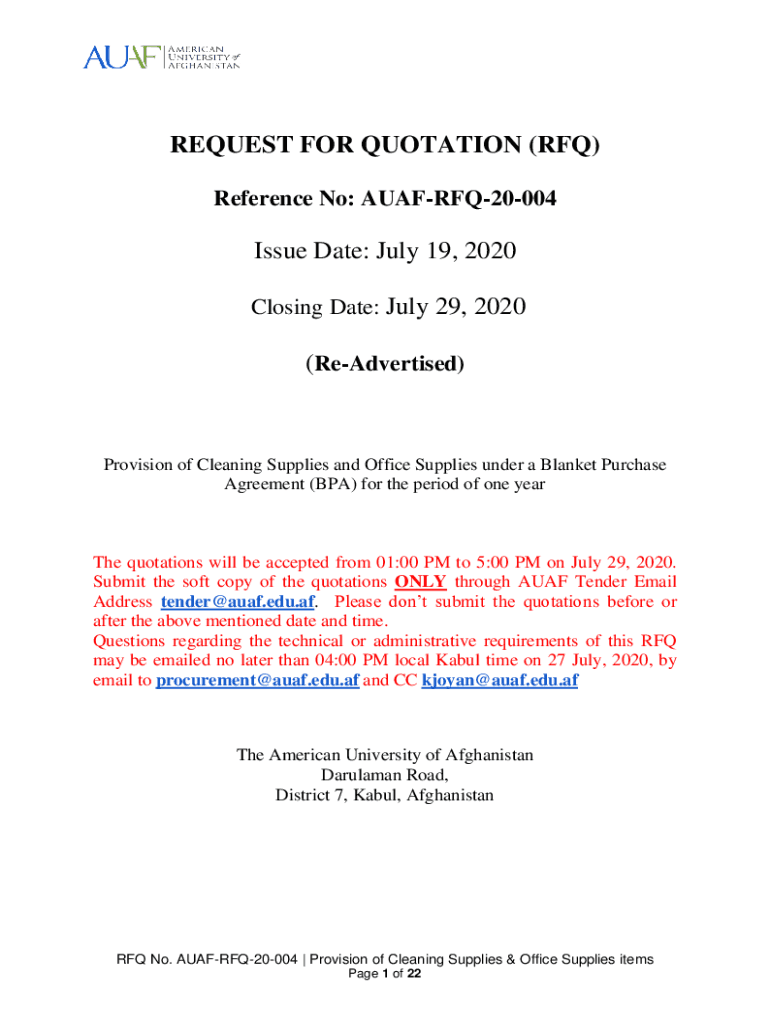 Fillable Online Request for quotation (RFQ) for the establishment of a ...