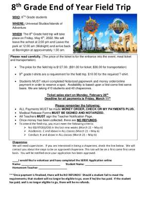 Fillable Online 8th Grade End of Year Trip Islands of Adventure Date ...