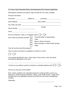 Fillable Online YN U.S. Army Cyber Specialty Direct Commissioning ...