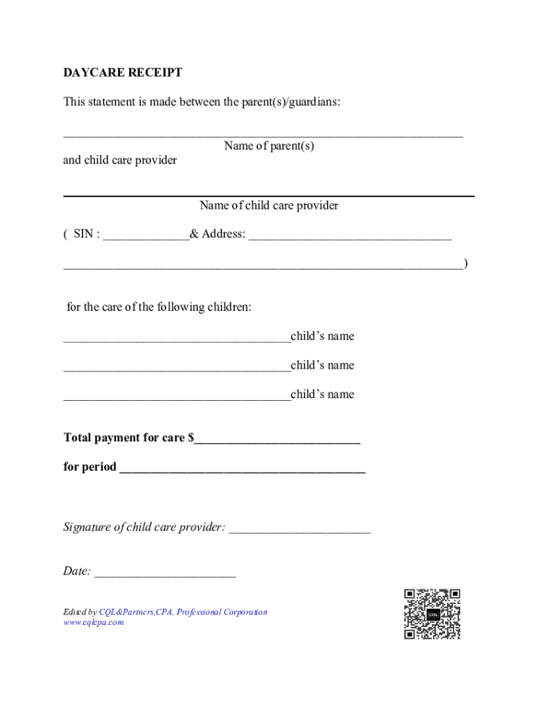 Fillable Online DAYCARE RECEIPT This statement is made between the ...