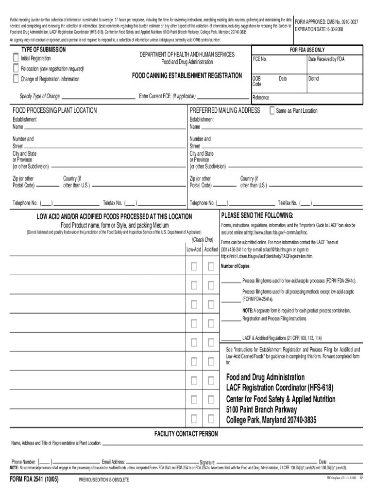 Fillable Online Food and Drug Administration LACF Registration ... Fax ...