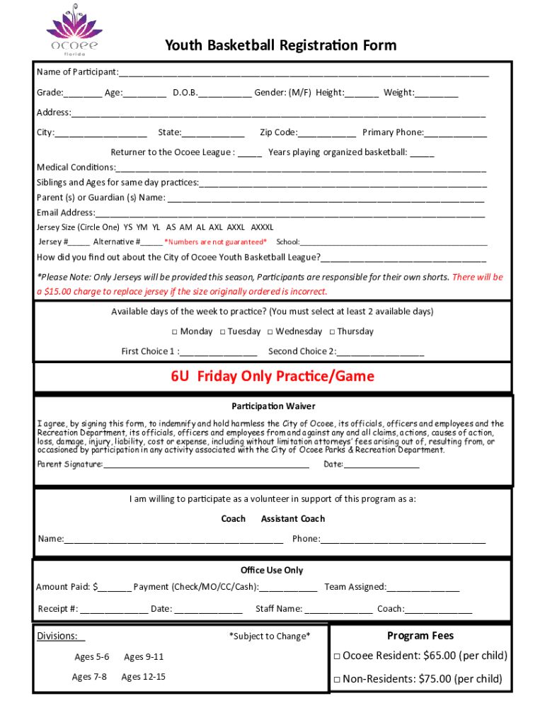 Fillable Online Youth Basketball Registration Form 6U Friday Only ...