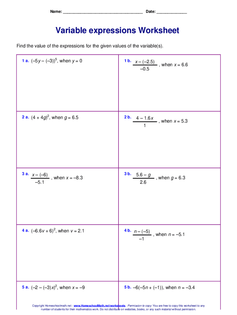 Fillable Online Evaluate Expressions Worksheet. Evaluate expressions ...