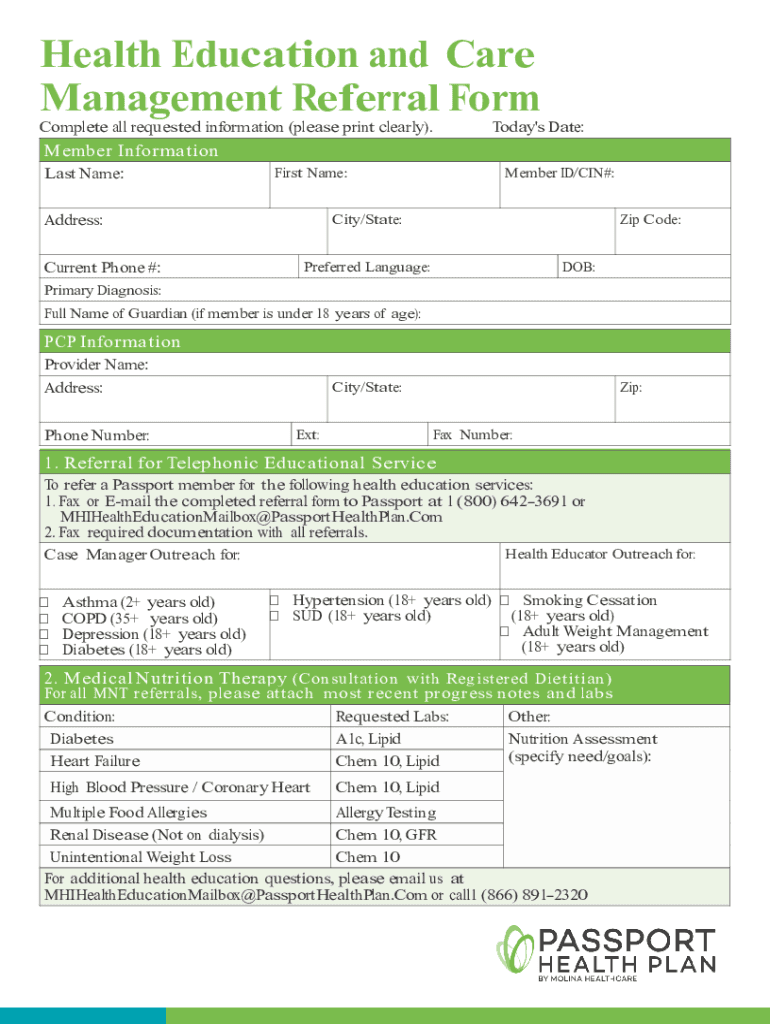 Fillable Online Health Education and Care Management Referral Form ...