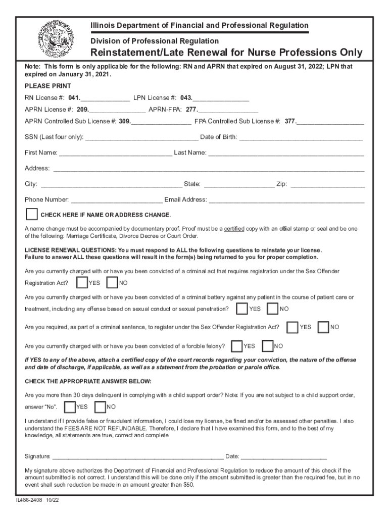 Fillable Online Reinstatement - Division of Professional Regulation - State of ... Fax Email ...