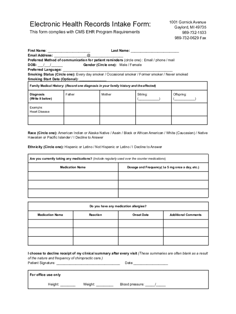 Fillable Online Electronic Health Records Intake Form - Community ...
