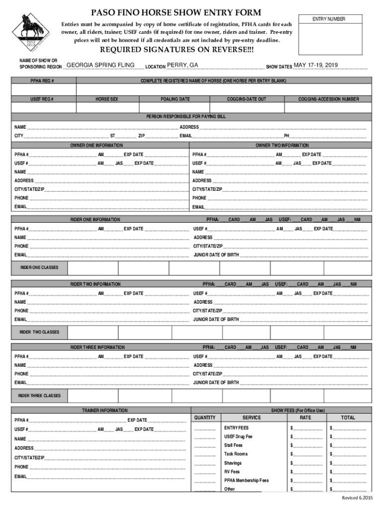 Fillable Online Fillable Online PASO FINO HORSE SHOW ENTRY FORM Fax ...