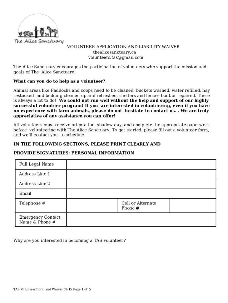 VOLUNTEER APPLICATION AND LIABILITY WAIVER Doc Template | pdfFiller