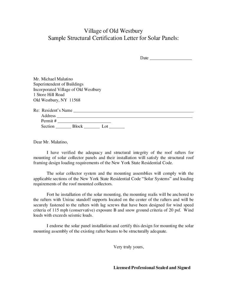 Fillable Online Village of Old Westbury Sample Structural Certification ...