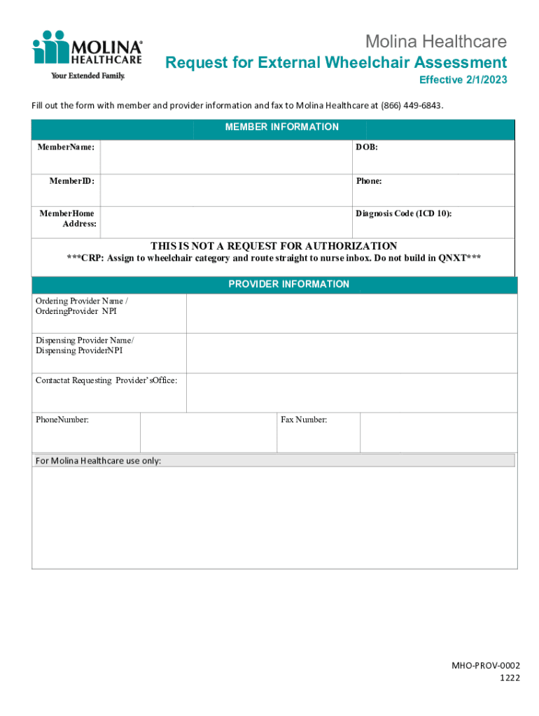Fillable Online Provider Request for External Wheelchair Assessment ...