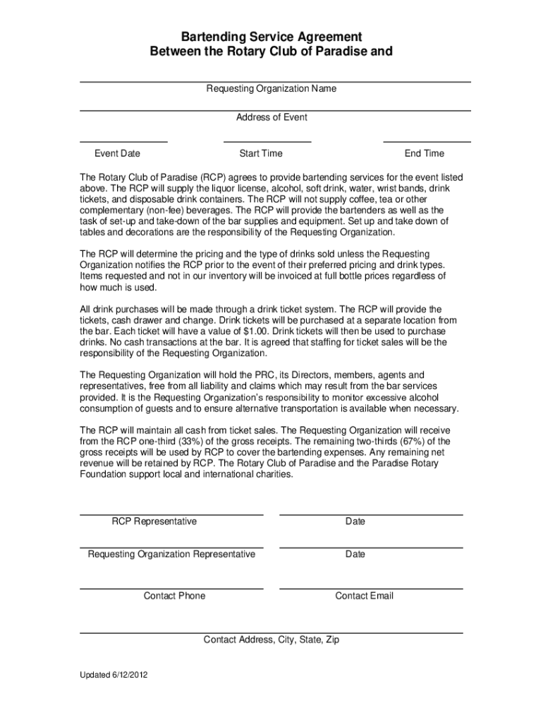 Fillable Online Bartending Service Agreement Fax Email Print - pdfFiller