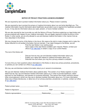 Fillable Online NOTICE OF PRIVACY PRACTICES ACKNOWLEDGEMENT We ... Fax ...