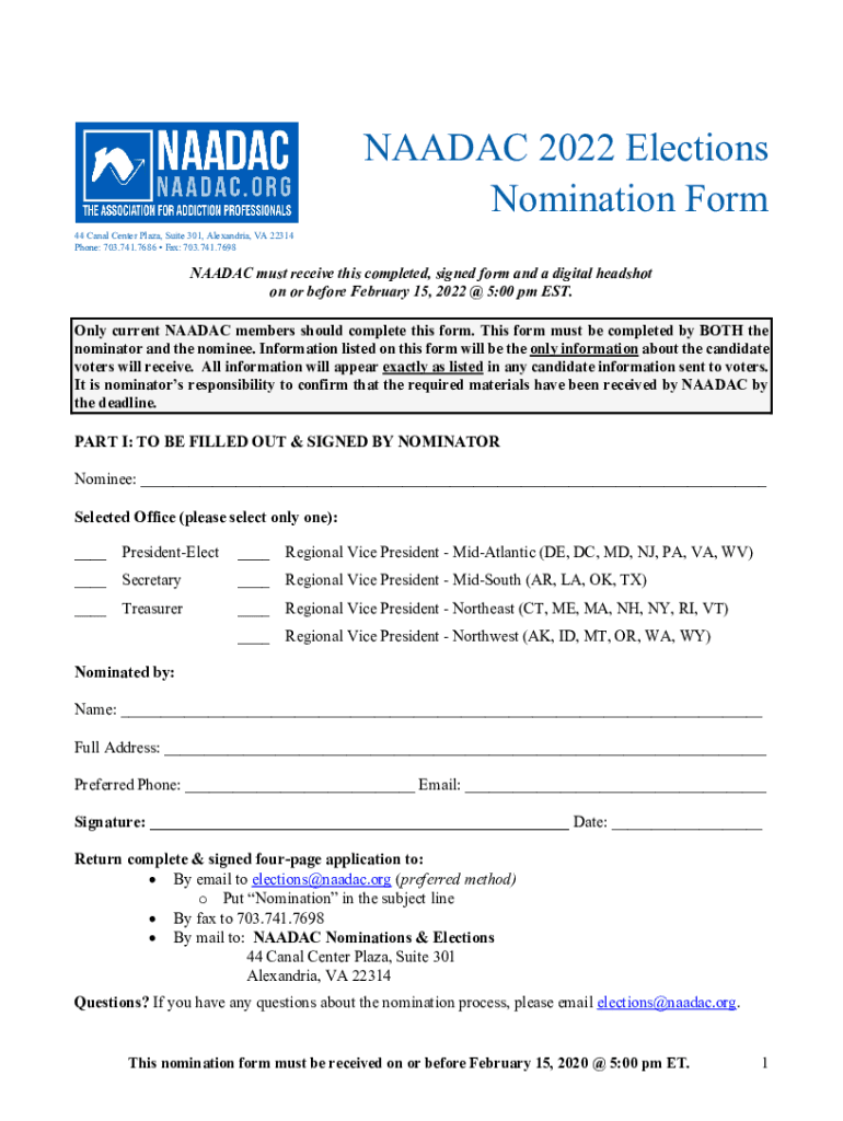 Fillable Online NAADAC 2022 Elections Nomination Form Fax Email Print - pdfFiller