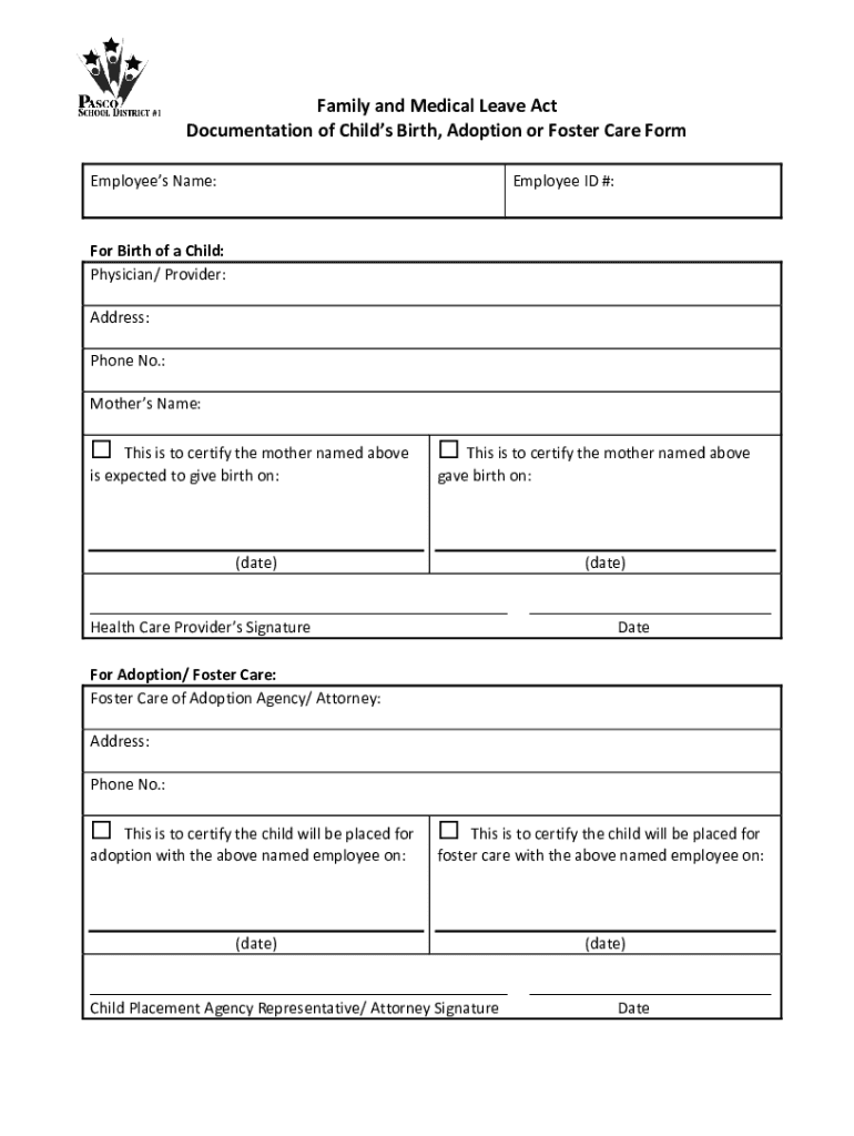 Fillable Online Documentation of Childs Birth, Adoption or Foster Care ...