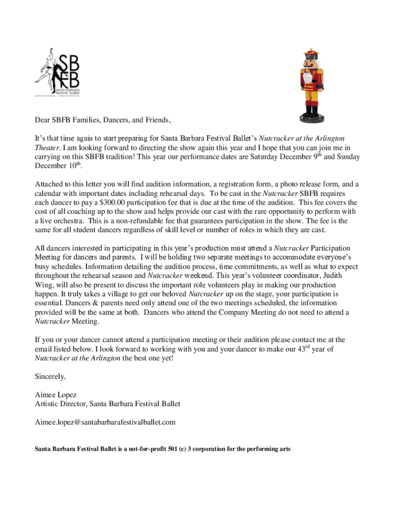Fillable Online Dear SBFB Families, Dancers, and Friends, It's that ...