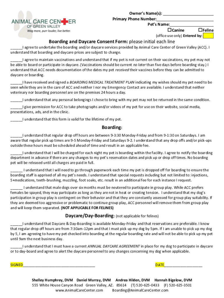 Fillable Online Boarding and Daycare Consent Form: please initial each line Fax Email Print ...