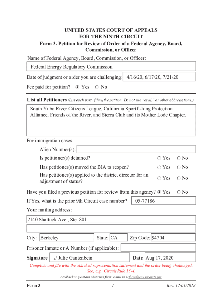 Fillable Online Federal Rules of Appellate Procedure Form 3. Petition ...
