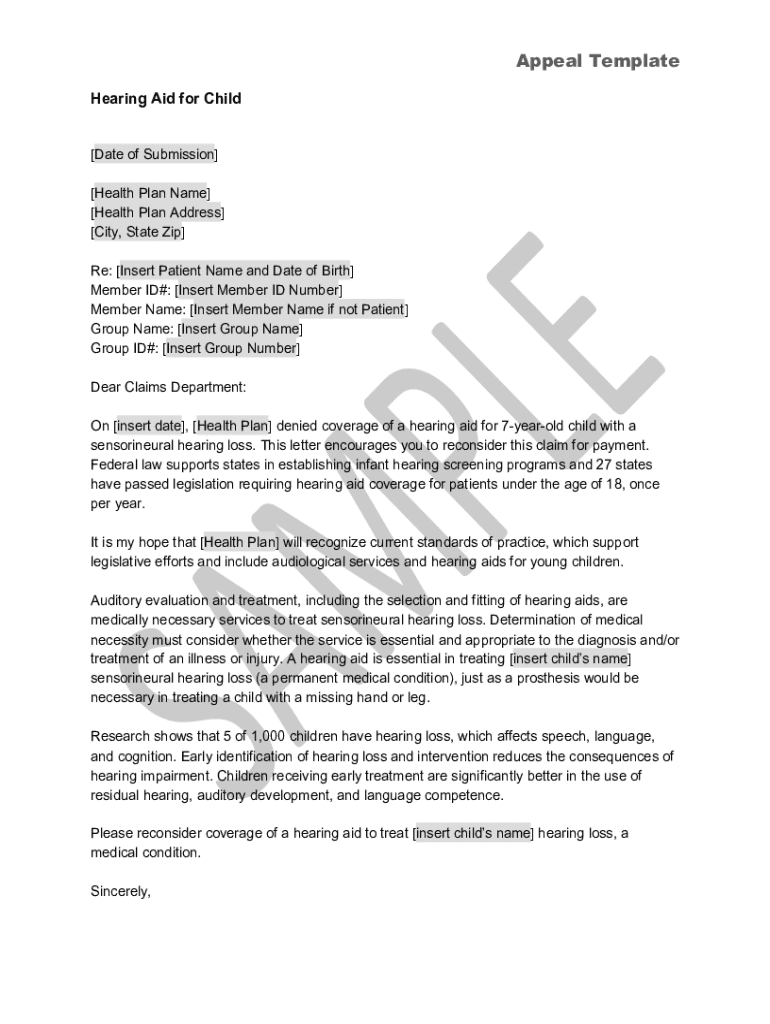 Fillable Online Hearing Aid for Child Appeal Template Fax Email Print ...