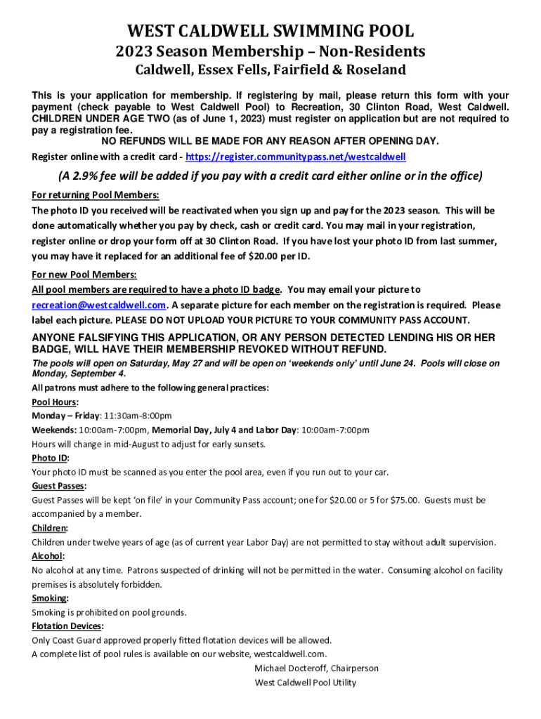 Fillable Online Non-residents may join North Caldwell Community Pool ...