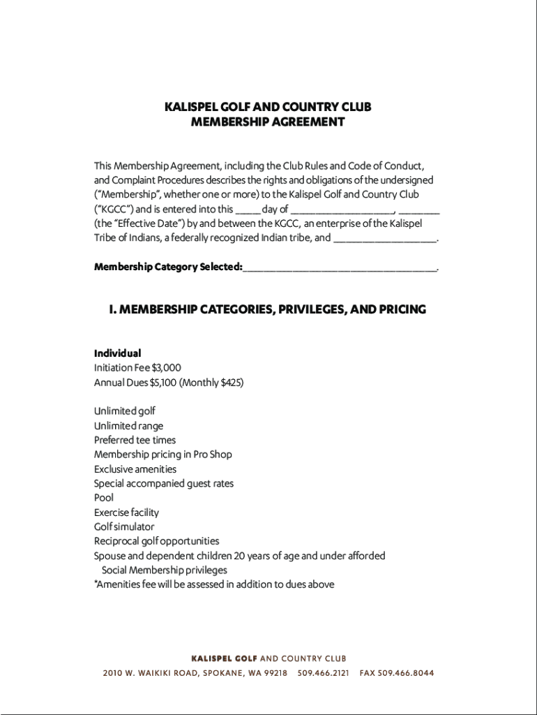 Fillable Online Kalispel Golf and Country Club Membership Agreement Fax ...