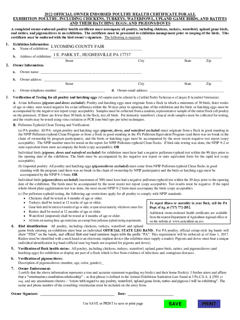 Fillable Online Official Owner Endorsed Avian Health Certificate Fax Email Print - pdfFiller